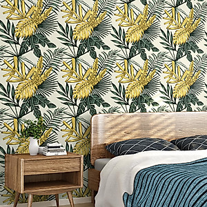 WESTICK Green Gold Botanical Wallpaper 17.5" x 118" Tropical Wallpaper Stick and Peel Floral Contact Paper for Walls Self Adhesive Leaf Wallpaper for Bedroom Kitchen Cabinet RV Countertops