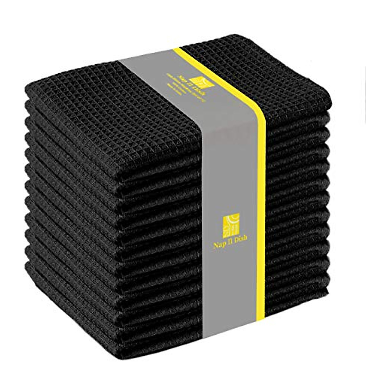 Nap n Dish Kitchen Towels 100% Cotton Waffle Weave Dish Towels, Set of 12 Bar Towels, Quick Drying Tea Towels with Hanging Loop, Washable Bar Towels for Table/Kitchen Cleaning-Black