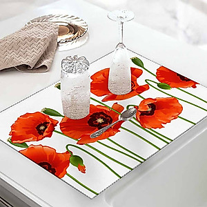 Beabes Poppies Dish Drying Mat,Art Poppies Spring Season Pastoral Flowers Bouquet Nature Drying Mat for Kitchen Counter 18x24 Inches Quick Drying Foldable Mat