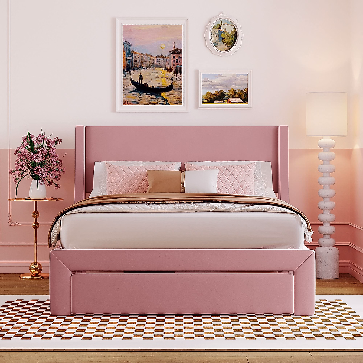 Anwickhomk Queen Size Fabric Upholstered Platform Bed Frame, Modern Upholstered Platform Bed with Headboard, with Big Storage Drawer,Heavy Duty Bed Frame with Wood Slat Support, Pink