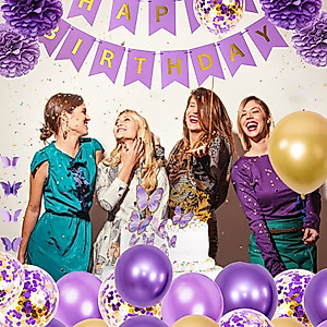 Ouddy Party Purple Birthday Decorations for Women Girls Butterfly Hanging Garland Happy Birthday and Circle Dots Banner Purple Gold Balloons Paper Flowers Cake Toppers for Birthday Party Supplies