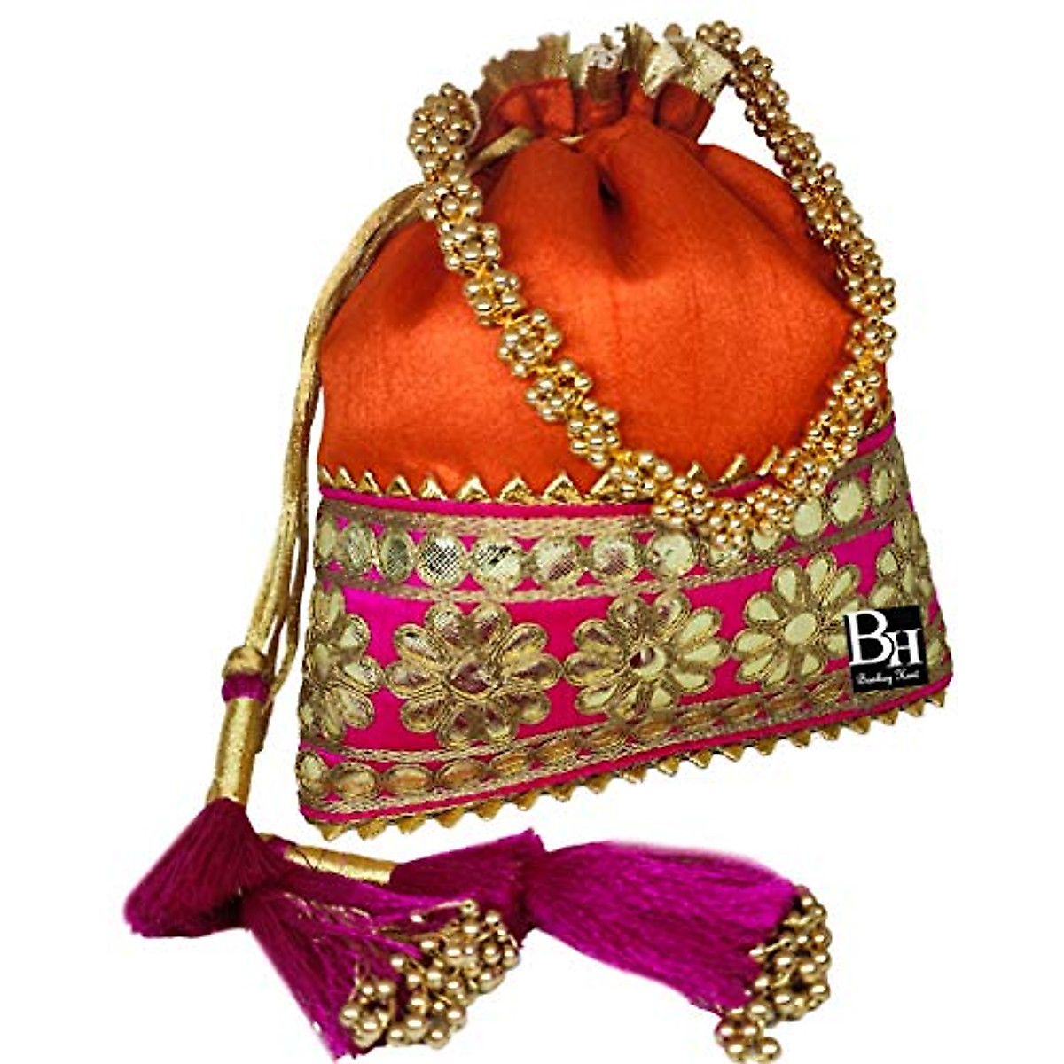 Bombay Haat Ethnic Indian Designer Silk Potli Bag Purse Evening Bag Clutch Purse for Wedding Party Cocktail Prom Gifting (Orange)