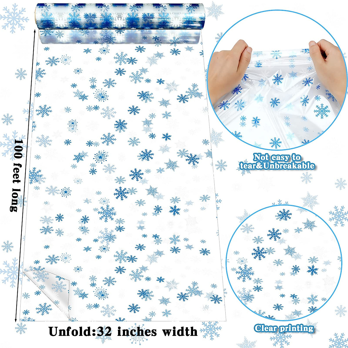Teling Christmas Cellophane Wrap Roll 100 ft Long 32 Inch Wide 3.1 Mil Clear Wrapping Paper Plastic Gift Basket Wrap Cellophane Gift Wrap for Xmas Candy Treat Arts Crafts (Snowflake Pattern)
