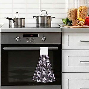 KOCOART Halloween Mexican Skulls Kitchen Hand Towels Day of The Dead Hanging Dish Towel with Loop 2PCS, Soft Super Absorbent Decorative Fingertip Tie Towel for Bathroom 12x17 in