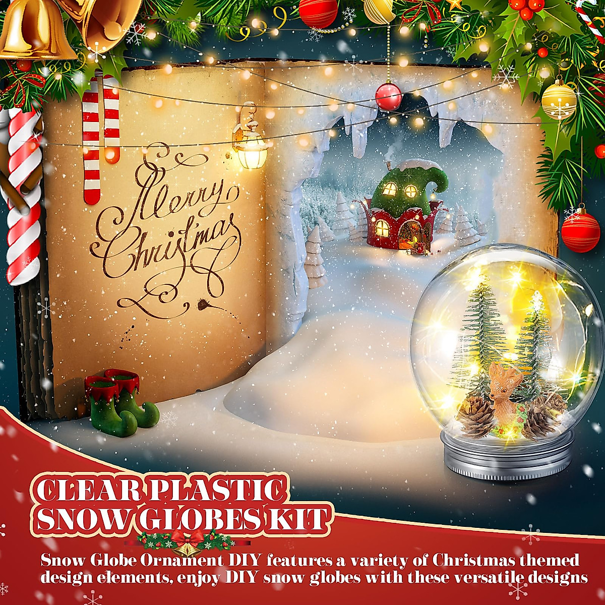 Liliful 24 Sets Lighted DIY Snow Globe Christmas Clear Plastic Snow Globe Kit with Christmas Tree Faux Snow Flake Artificial Pine Cone Santa Claus Snowmen Reindeer Stocking House for Xmas DIY Crafts