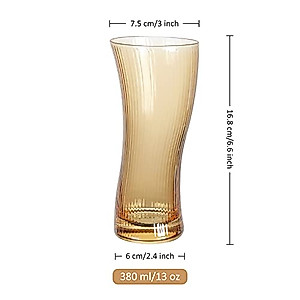 Joeyan Water Juice Cocktail Drinking Glasses Cups,Origami Style Glassware,Ripple Highball Glass,Modern Ribbed Tumblers for Iced Tea Coffee Beverages Wine Beer,Hand Made,13.5 oz,Set of 4,Amber