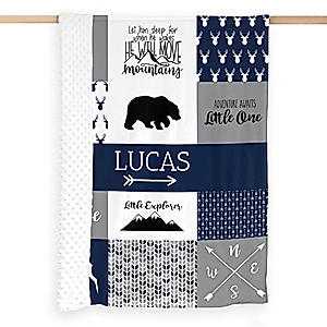 Personalized Baby Blanket for Boys - Custom Baby Blankets for Boys - Deer Baby Blanket- Woodland Nursery Décor - Baby Blankets for Boys Personalized (Blue Woodland)