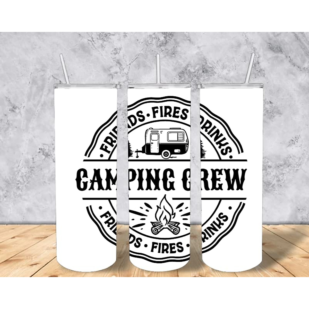 Camping Crew - Friends - Fires - Drinks - 20 oz stainless steel insulated tumbler with straw and grip pad on bottom - comes in a gift box