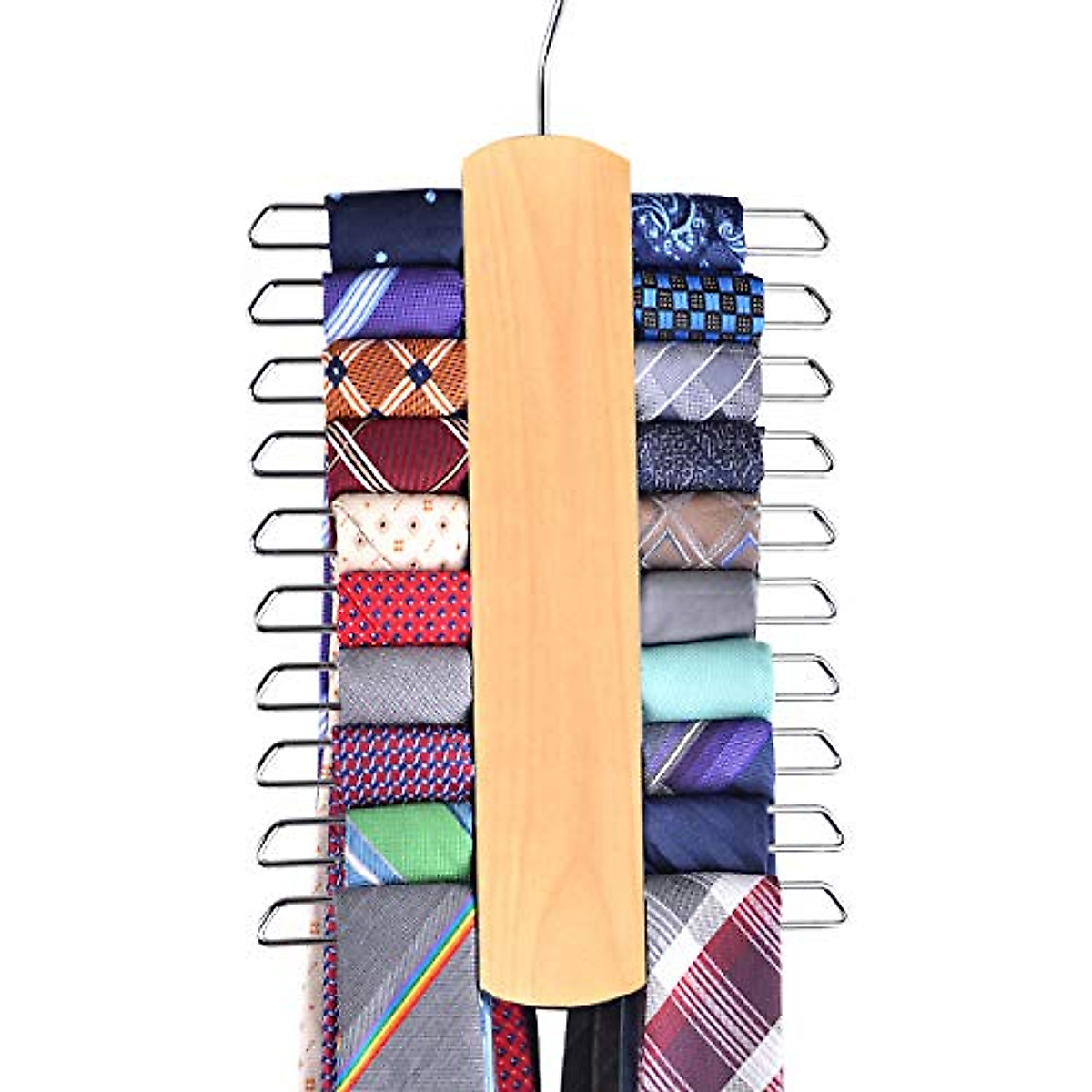 Umo Lorenzo Premium Wooden Necktie and Belt Hanger, Walnut Wood Center Organizer and Storage Rack with a Non-Slip Finish - 20 Hooks