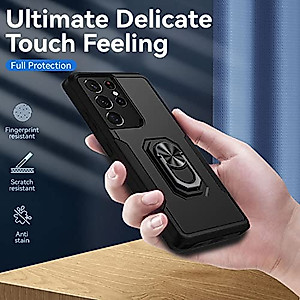 YmhxcY Samsung S21 Ultra Case with 2 Pack 3D Curved Screen Protector, [Military-Grade] 360°Finger Ring Holder Shockproof Protective Case -Black