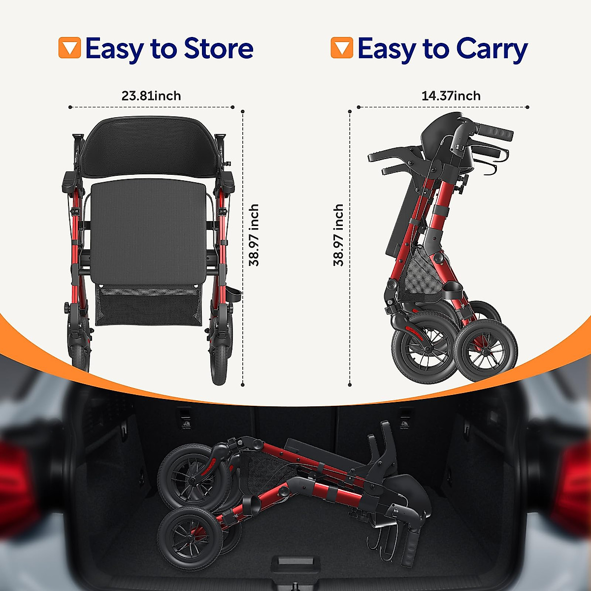 2 in 1 Walkers for Seniors with Seat, VOCIC Transformable Rollator Walker and Transport Chair, Transport Wheelchair w/Paded Seatrest, Pouch, Backrest and Footrest-Gloria Red