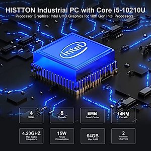 HISTTON Fanless PC Core i5-10210U, 32GB RAM 512GB SSD+1TB HDD, Mini Computer with 2 RS232/485 COM, Dual HD+DP 4K Triple Display, 2 LAN, 6 USB, GPIO, Wifi, BT4.2, Mini PC Windows 11 Pro, support Ubuntu