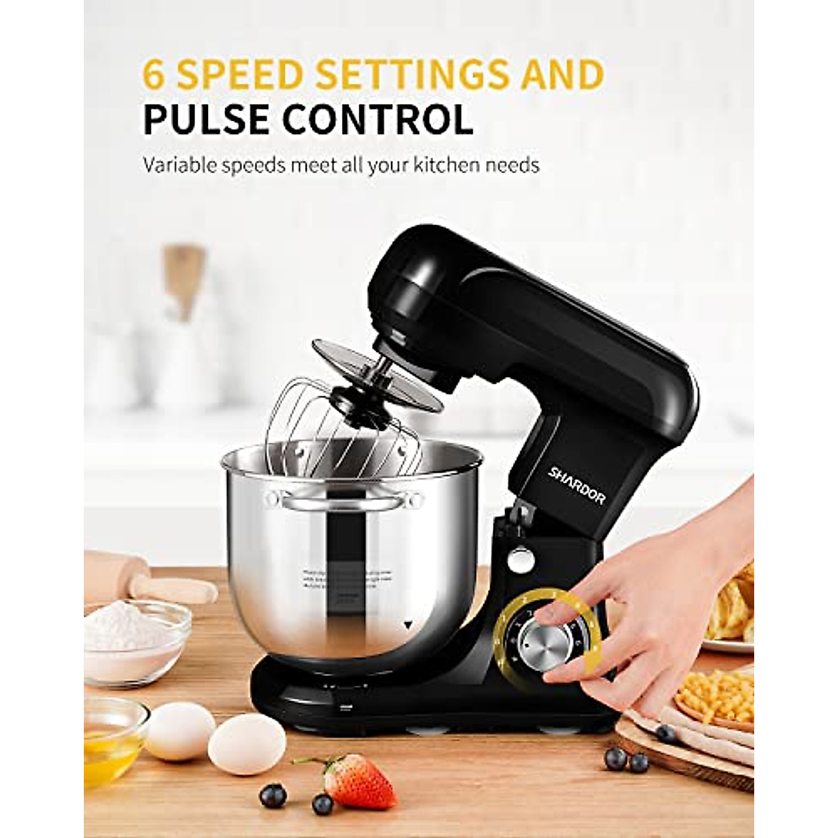 SHARDOR Stand Mixer, 6-Speed with Pulse Tilt-Head Food Mixer, Kitchen Electric Mixer with Dough Hook, Wire Whip & Beater, 4.8 QT Stainless Steel Bowl, Splash Guard, Black