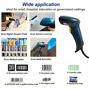 TEEMI 2D QR Barcode Scanner, USB Wired Virtual COM Port Handheld Omnidirectional Scanning, Digital Coupon Screen Code Driver License Scan for Mac OS and Android with OTG Adapter, Window PC, Linux