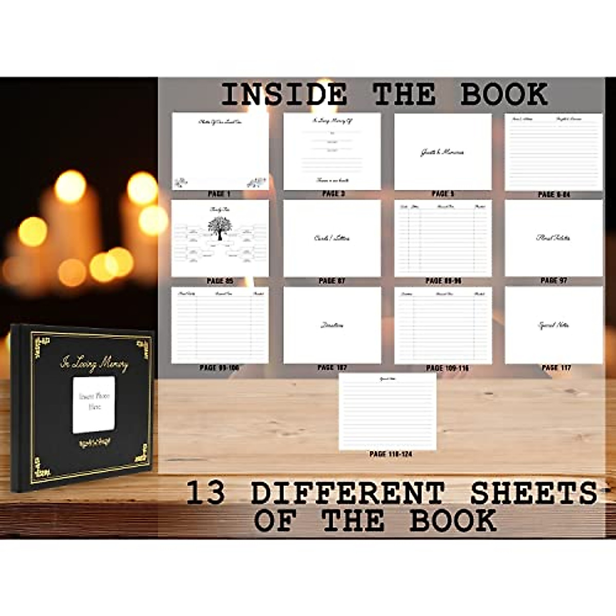 Funeral Guest Book For Memorial Service Set, Celebration of Life Sign in Book with Picture Pocket, Pen and Memory Table Card, In Loving Memory Guestbooks (Gold Embossed Leather Hardcover)