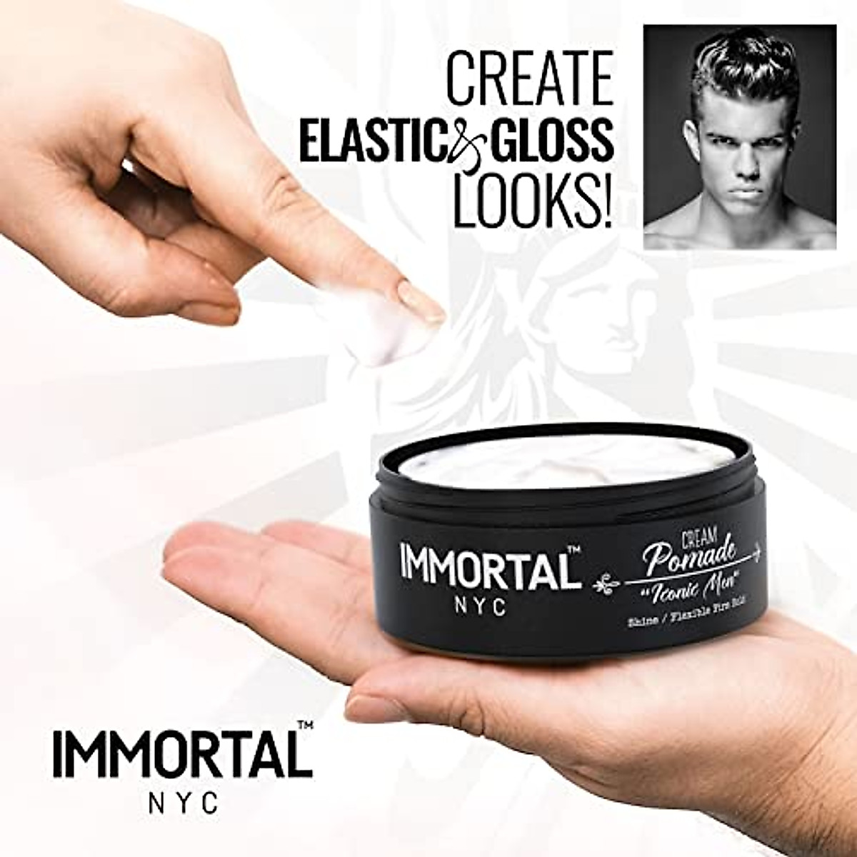 IMMORTAL NYC Hair Styling Pomade - Iconic Man, Flexible Medium Hold, Low Shine Pomade - Mens Water Based, No Residue Hair Balm - All Natural Pomade Cream for All Hair Types
