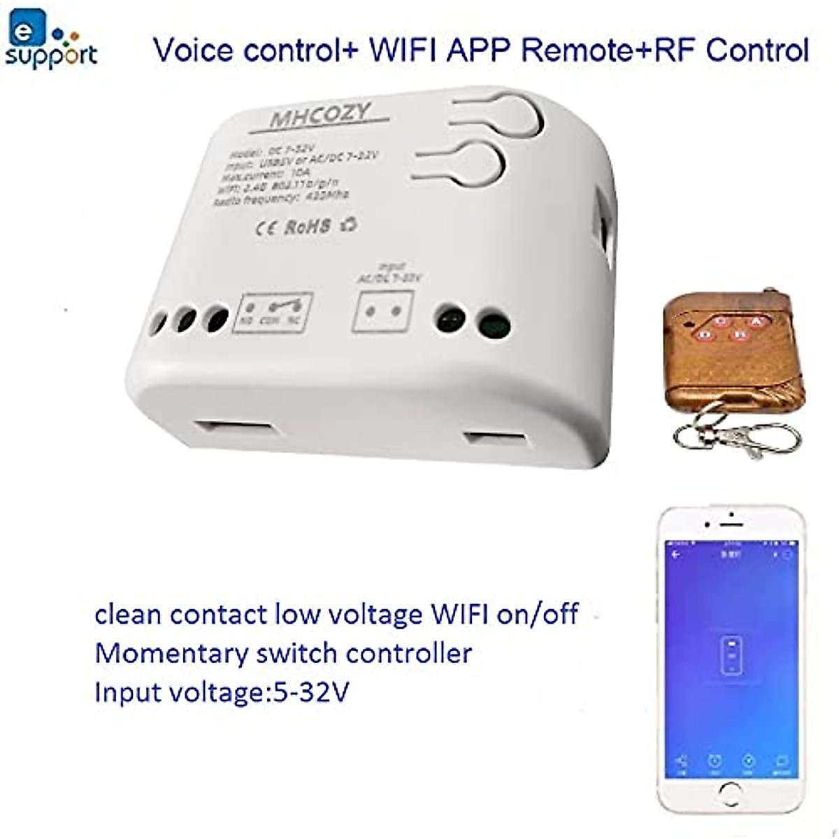 MHCOZY Updated WiFi Wireless Smart Switch Inching Self-Locking Relay Module,Set Inching Time from 0.5 Second to 1 Hour,be Applied to Access Control,DIY WiFi Garage Door Opener (7-32V with 433Mhz RF)