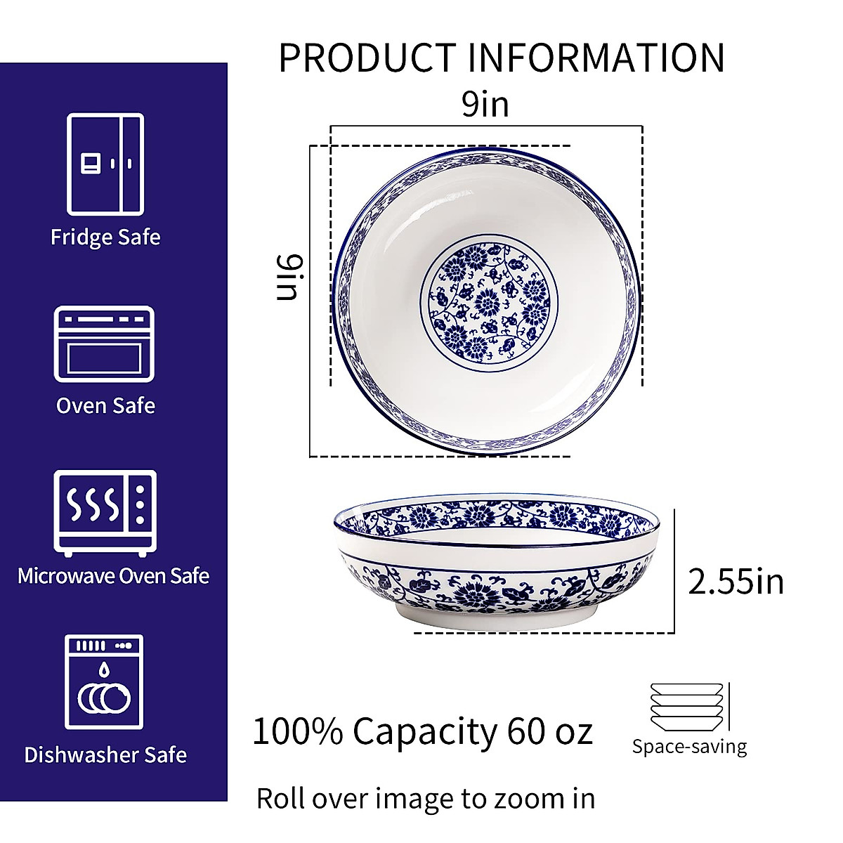 YUN TAO Pasta Bowls 60oz, 9 Inch Big Fruit Salad Serving Bowls,Large Bowls For Eating, Dinner Bowls Set of 4, Serving Dishes for Entertaining,Microwave Dishwasher Safe