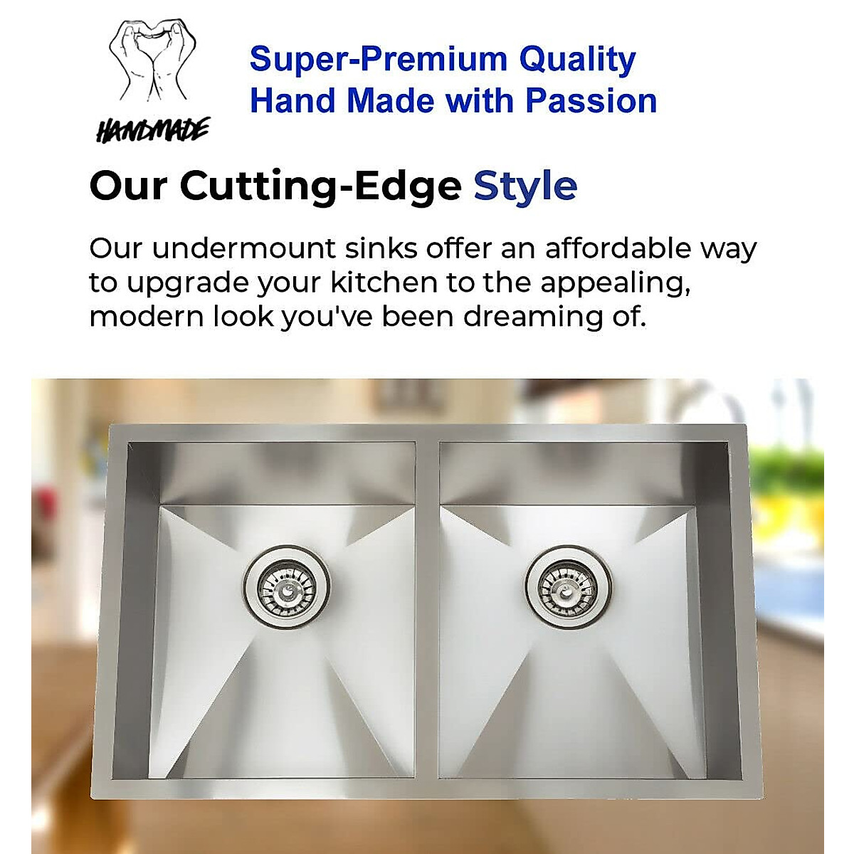 KABCO K-SSZRID3 32 Inch stainless steel Undermount kitchen sink 16 Guage 50/50 Zero Radius Double Bowl kitchen sink 32"L X 19"W X 10"D Inch