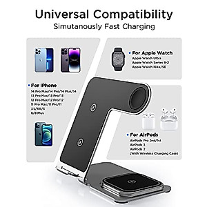 Venere Wireless Charging Station for Apple Devices, Aluminum Alloy 3 in 1 Phone and Watch Charging Station 15W Fast for iPhone14/13/12/11/X/SE/8/Apple Watch/AirPods Pro with 5ft Cable & 20W Adapter