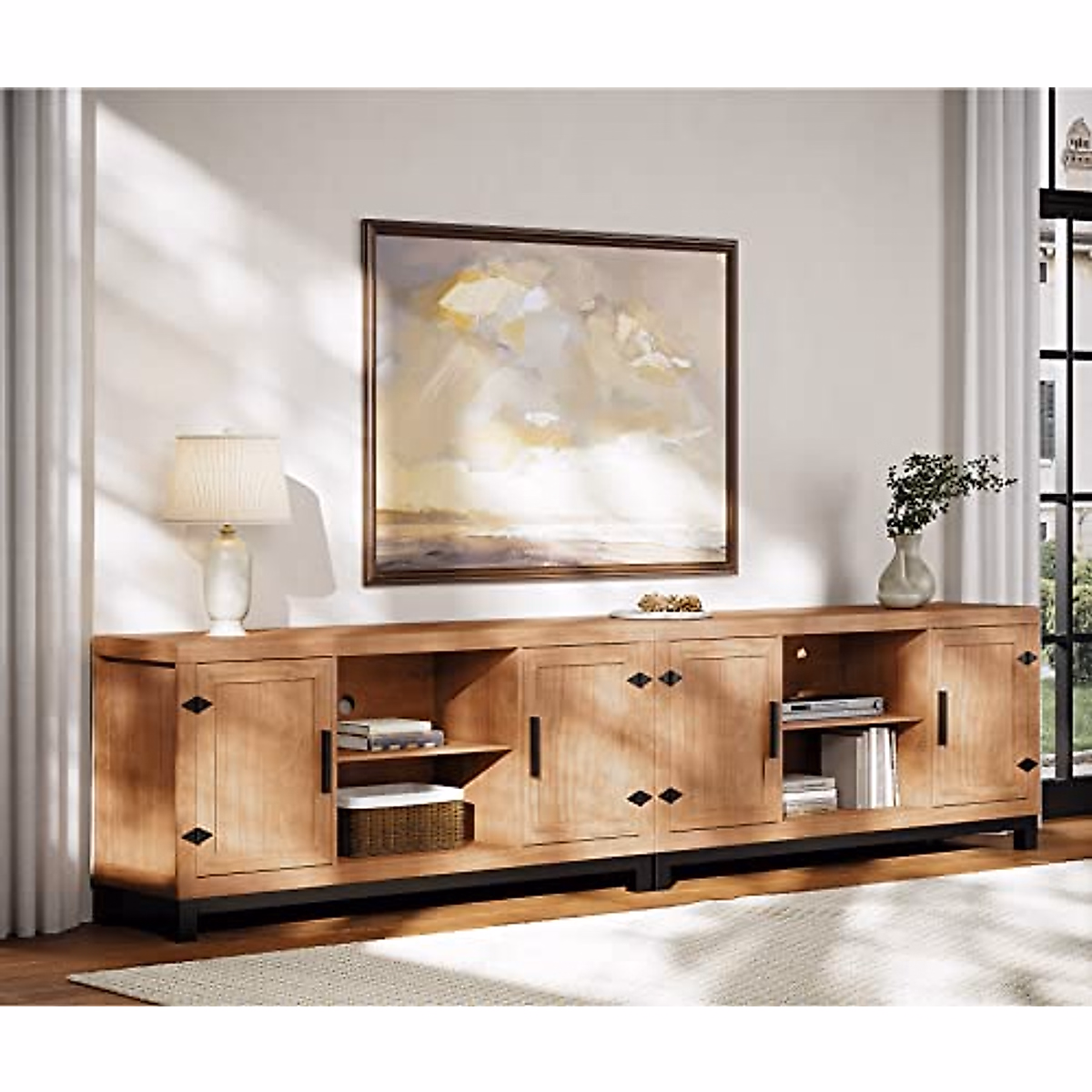 Modern Farmhouse Barn Door TV Stand for 100 inch TV Entertainment Center, Wood TV Media Console Table Cabinet for 80 85 90 with Adjustable Shelf and Metal Legs for Living Room Bedroom, Oak