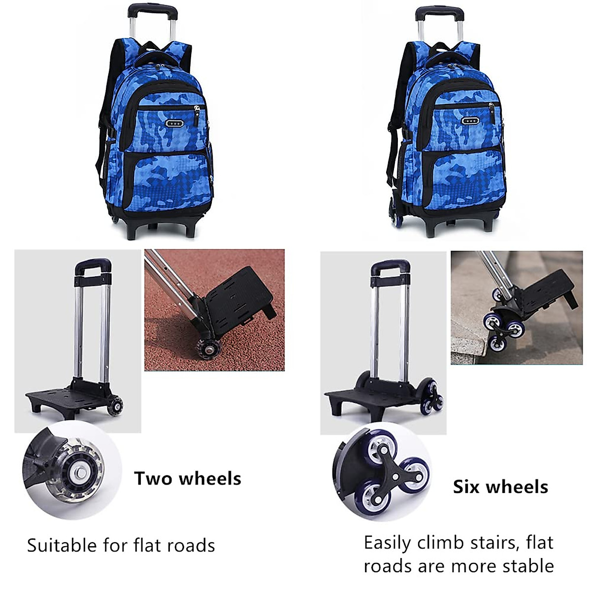 LAMOGRAFY Camo Prints Kids Rolling Backpack Trolley Schoolbag Wheeled Travel suitcase Boys Blue-six Wheels
