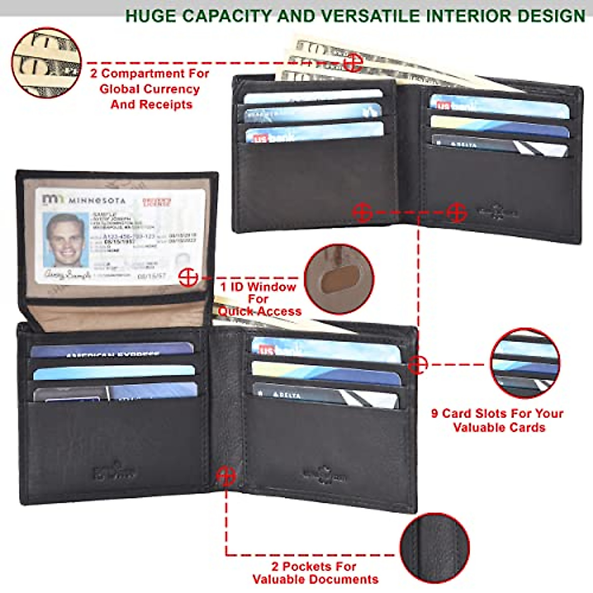 Mens Leather Wallet Rfid Blocking Slim Notecase Front Pocket Flip ID Window With 14 Slots | Real Full Grain Genuine Leather | Multiple Card Holder | Compact Premium Best Handmade Gift (Midnight Black)
