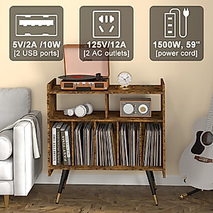 Large Record Player Stand, Vinyl Record Storage Cabinet with Power Outlet, Record Player Table Holds up to 350 Albums, Mid-Century End Table Turntable Stand for Living Room, Office