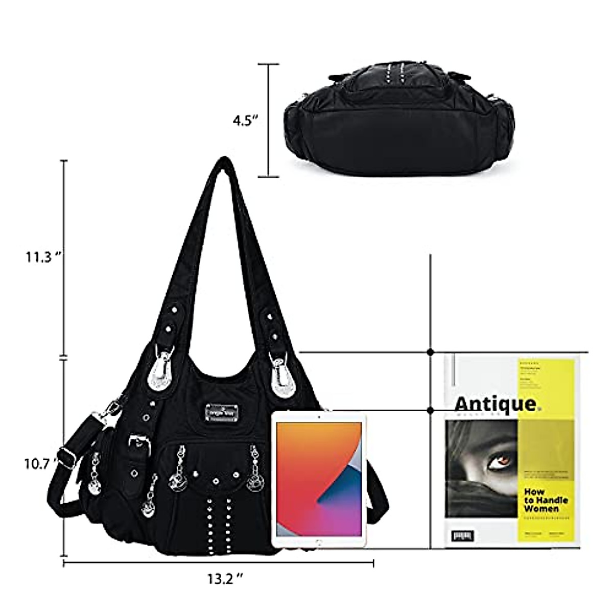 Angel Kiss Handbags for Women Soft PU Leather Large Hobo Bags for Ladies Top Handle Satchel Shoulder Bag Black