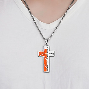 Susook Basketball Cross Necklace for Men Bible Verse I CAN DO All Things Stainless Steel Sport Pendant for Men(Silver)