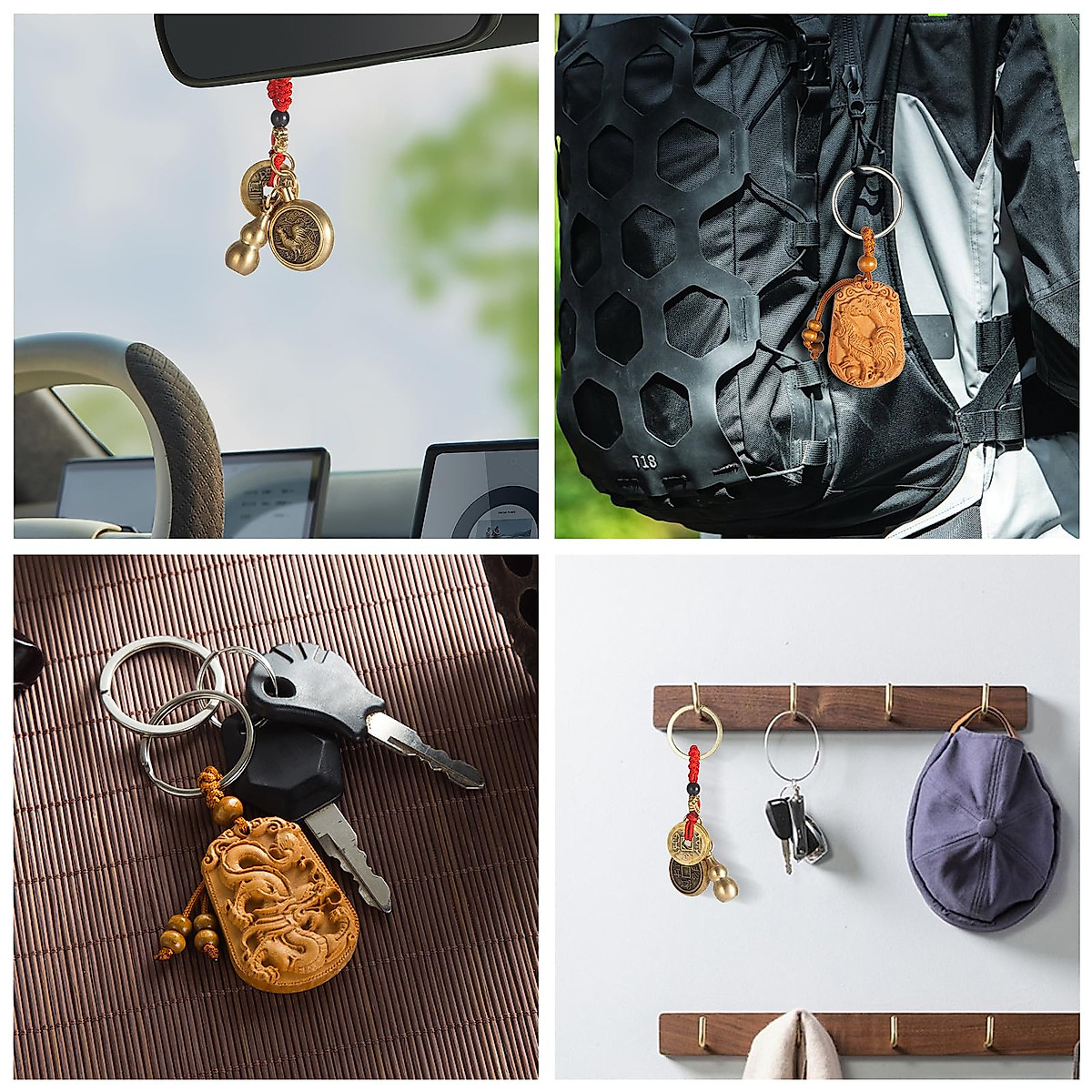 2 in 1 Feng Shui Wu Lou Brass Gourd 12 Zodiac Wood Carved Lucky Key Chain for Chinese Style Gifts(Rabbit)