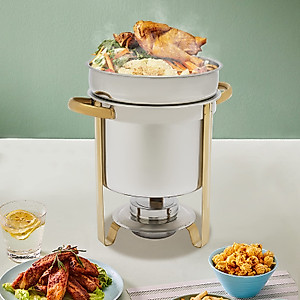 7.4 Qt Soup Chafing Dish With Water Pan Stainless Steel Round Soup Chafer Station with Glass Viewing Lid and Holder Soup and Buffet Warmer Set, Gold&Silver