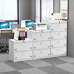 Lateral File Cabinet with Lock, 2 Drawer Metal File Cabinets for Home Office Hanging Letter/Legal/F4/A4, Metal Horizontal File Cabinet with Card Slot for Easy Organization(White)