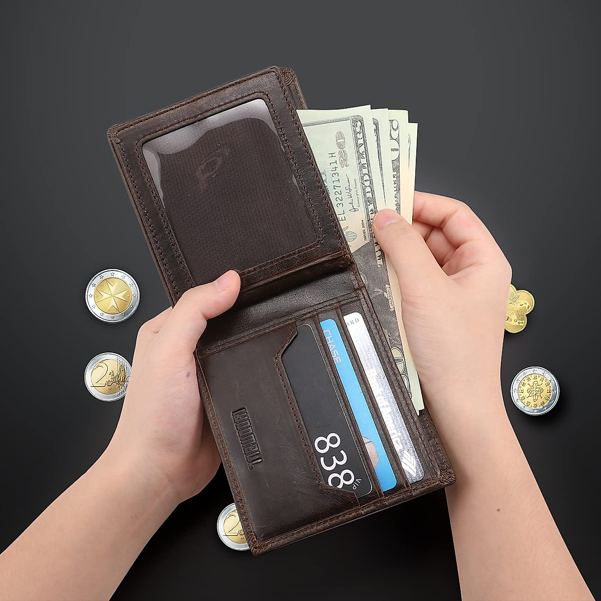 LYOOMALL Wallet for Men, Large Capacity Genuine Leather RFID Blocking Bifold Wallet/Credit Card Holder for Men, with Coin Pocket, Zipper Cash Pocket, ID Window and 10 Card Slots