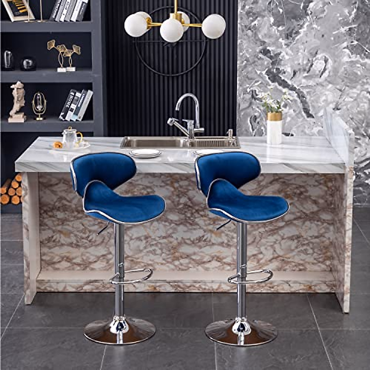 Roundhill Furniture Masaccio Velvet Upholstered Adjustable Swivel Barstool, Set of 2, Blue
