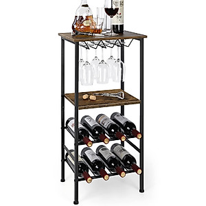 ETELI Wine Rack Table Freestanding Floor Wood Wine Bottles Storage with Shelves Hold 8 Wine Bottles and 9 Goblets Industrial Small Wine Display Stand for Dining Room Kitchen,Brown