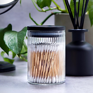 Mason & Fable Ribbed Glass Bathroom Jars with Airtight Black Bamboo Lids | Cotton Pad/Swab/Q tip Holder | Bath Salt/Small Makeup/Clear Vanity Apothecary Storage Canister Organizer – 10 fl oz, Set of 2
