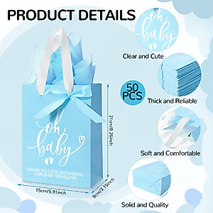 PerKoop 50 Pack Baby Shower Gifts Bag with Tissue Papers Baby Shower Bag with Handle Paper Gift Bag and 50 Sheets Decorative Tissue Paper for Guests Gifts Gender Reveal Baby Shower Favors (Blue)