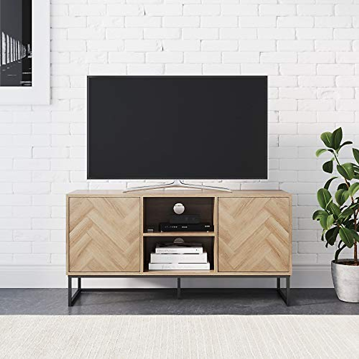 Nathan James Dylan Media Console Cabinet or TV Stand with Doors for Hidden Storage in a Natural Reclaimed Herringbone Wood Pattern and Metal, Oak/Matte Black
