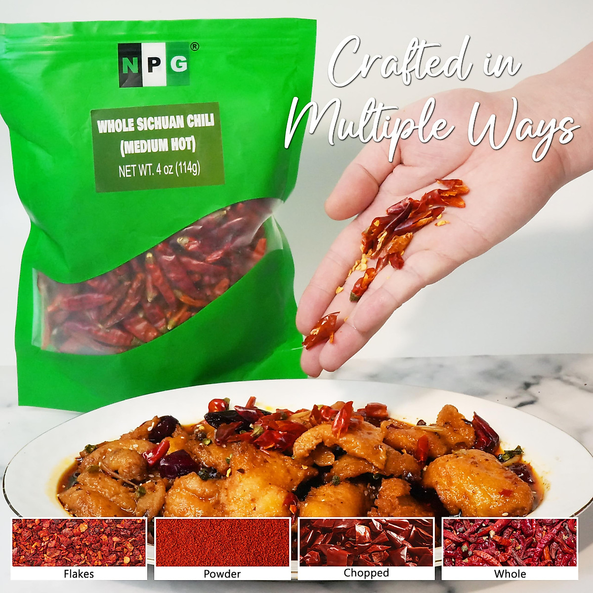NPG Sichuan Red Chili Peppers 4 Ounces, Medium Hot, Capsicum Annuum Used in Mexican, Chinese, Thai Dishes, Premium Szechuan Dried Red Chilies for Chili Oil, Paste, and Sauce