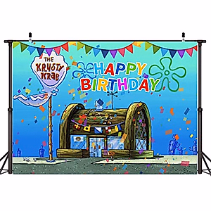 QHY Cartoon Animation Spongebob Theme Photography Backdrop Children Happy 1st Birthday Party decors Banner The Krusty Krab Photo Background Vinyl Baby Shower Booth Studio Props 8x6FT