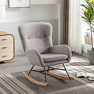 Westice Rocking Chair Rocker Glider Chair for Nursery Accent Teddy Upholstered Chair with Padded Seat & High Backrest Armchair Comfy Side Chair for Living Room Bedroom Offices (Gray)