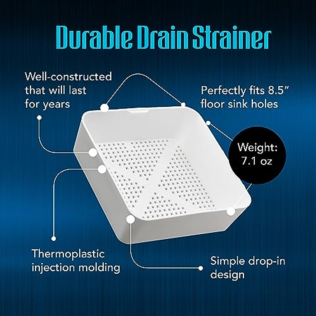 STEADYKLEEN - 8.5-inch Floor Sink Drain Cover Alternative, Square Drain Basket for Restaurants, Use Below 3 Compartment Sink. Sink Strainer with 0.19-inch Holes, Versatile Plastic Drain Screen Basket