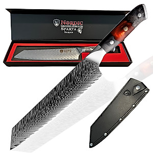Nordic New Sparta Series Pro Kiritsuke Damascus Chef Knife, Japanese VG10 Super Steel, 67 Layers Damascus Steel, Resin and Maple Wood Handle and Leather Sheath (Kiritsuke Knife)