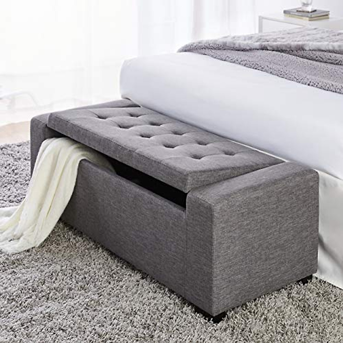 Amazon Basics Rectangular Storage Ottoman Bench with Fabric Upholstery, Large - Anchor Grey