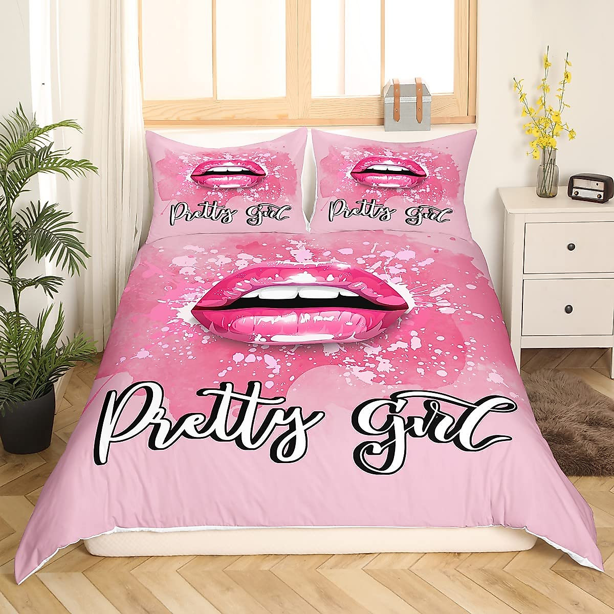 Erosebridal 3D Print Bed Sets Full Size,Pink Lip Duvet Cover for Kids Girls Women Teens,Sexy Theme Comforter Cover for Home Room Decor,Romantic Valentines Day Bedding Sets with 2 Pillow Covers