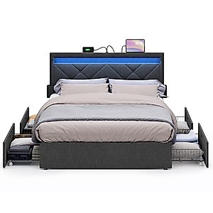 VASAGLE LED Bed Frame Full Size, 37.1/39.6 Inches, with Headboard and 4 Drawers, 1 USB Port and 1 Type C Port, Adjustable Upholstered Headboard, No Box Spring Needed, Dark Gray URMB822G71