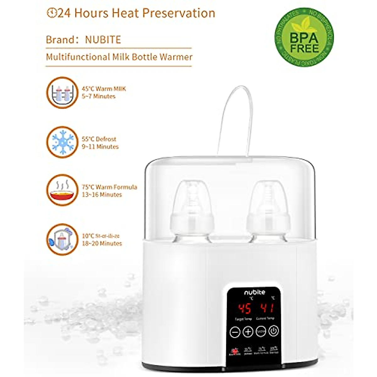 Milk Warmer for Baby, Bottle Warmer for Breastmilk Thawing, Bottle Steril-izer, Food Steamer, Water Warmer for Formula, LCD Display Accurate Temperature Adjustment, 24H Constant Mode