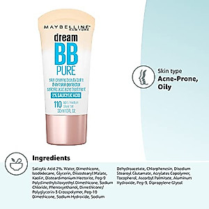 Maybelline Dream Pure Skin Clearing BB Cream, 8-in-1 Skin Perfecting Beauty Balm With 2% Salicylic Acid, Sheer Tint Coverage, Oil-Free, Light/Medium, 1 Count