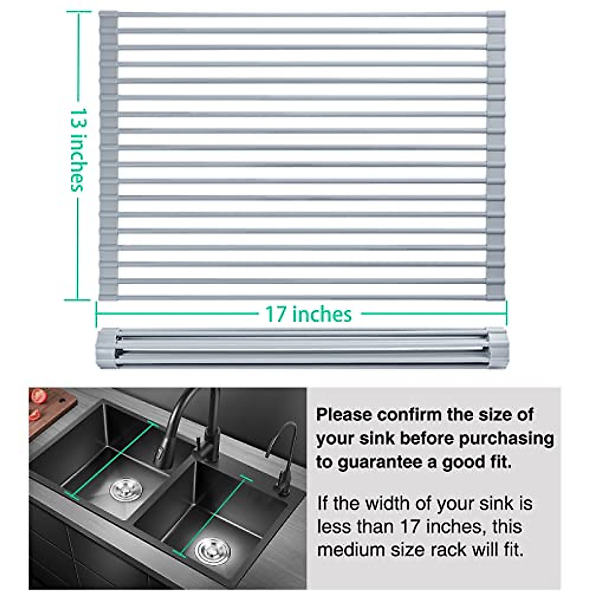 TBMax Roll Up Dish Drying Rack, Food-Grade Silicone-Coated Stainless Steel Over The Sink Rack, Heavy Duty Roll Up Sink Drying Rack